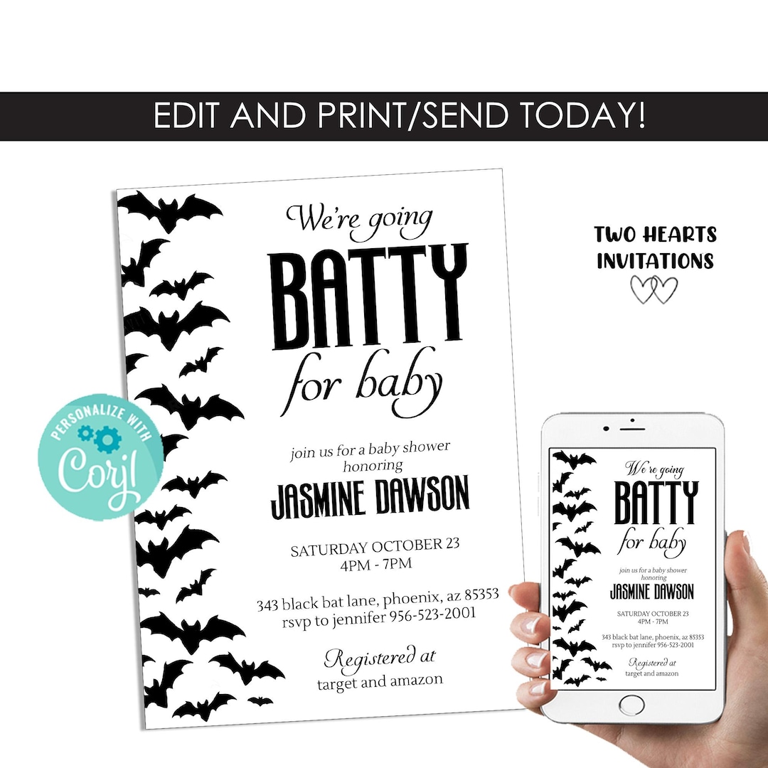 Editable Batty for Baby Shower Invitation Invite Halloween Bats 5x7 ...