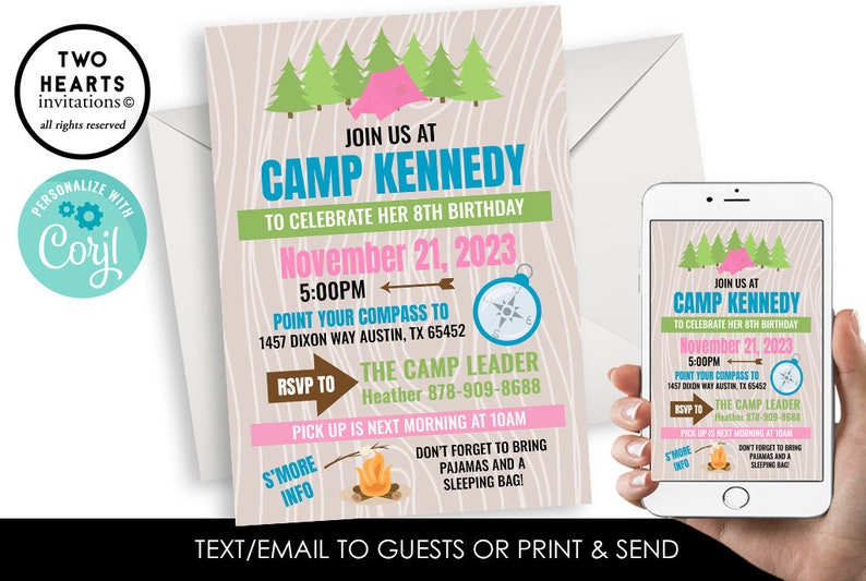 Editable Camp Invitation Birthday Party Invite Girls Camping - Etsy