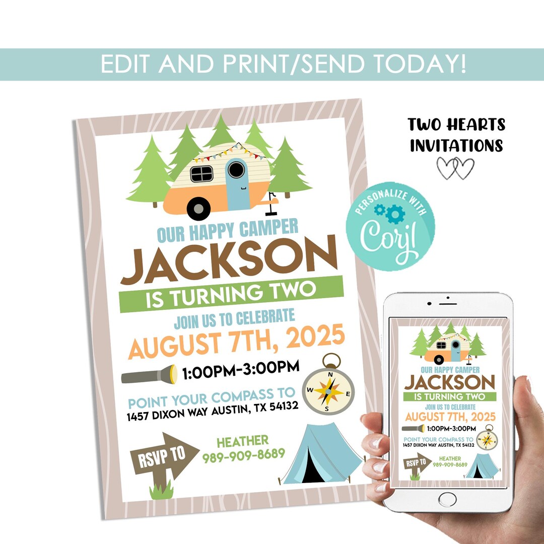 Editable Happy Camper Invitation Invite Birthday Camping Camp Party ...