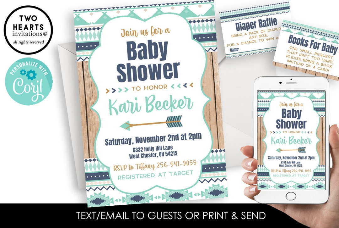 Editable Aztec Boy Baby Shower Invitation Invite Tribal Indian Arrows ...