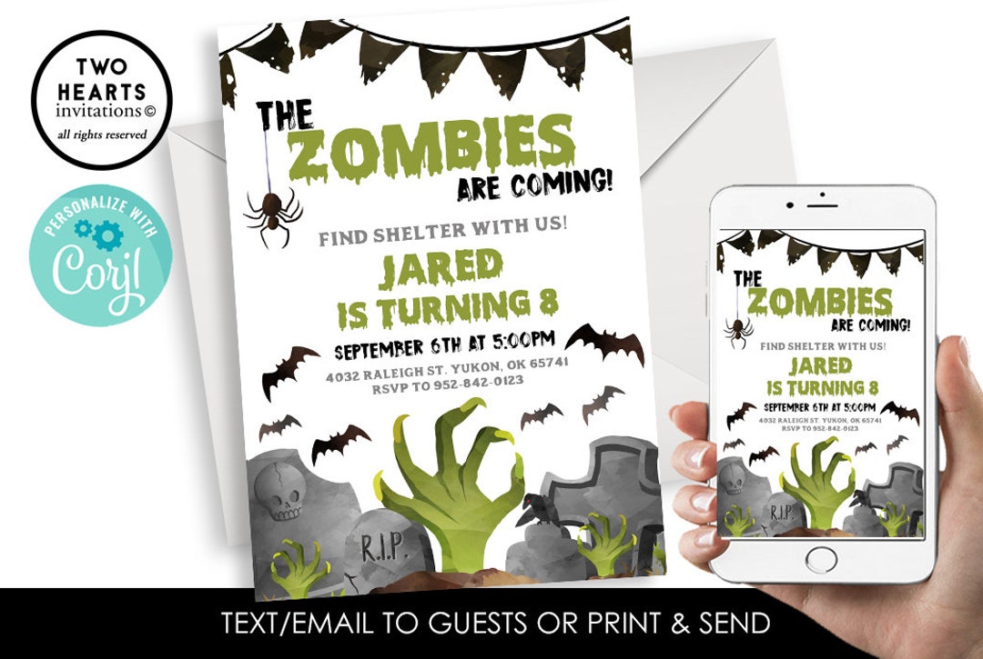 Editable Zombies Invitation Invite Halloween Birthday Party Digital 5x7 ...