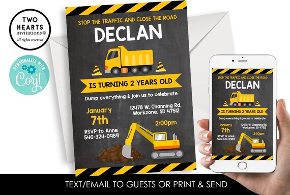 Editable Construction Birthday Invitation Invite Party Dump - Etsy