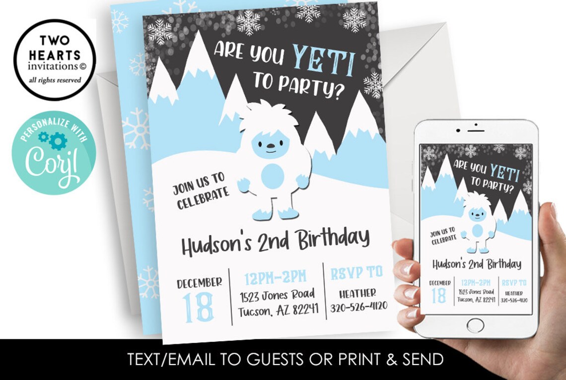 Editable Yeti Invitation Winter Invite Digital Kids Bigfoot Christmas ...