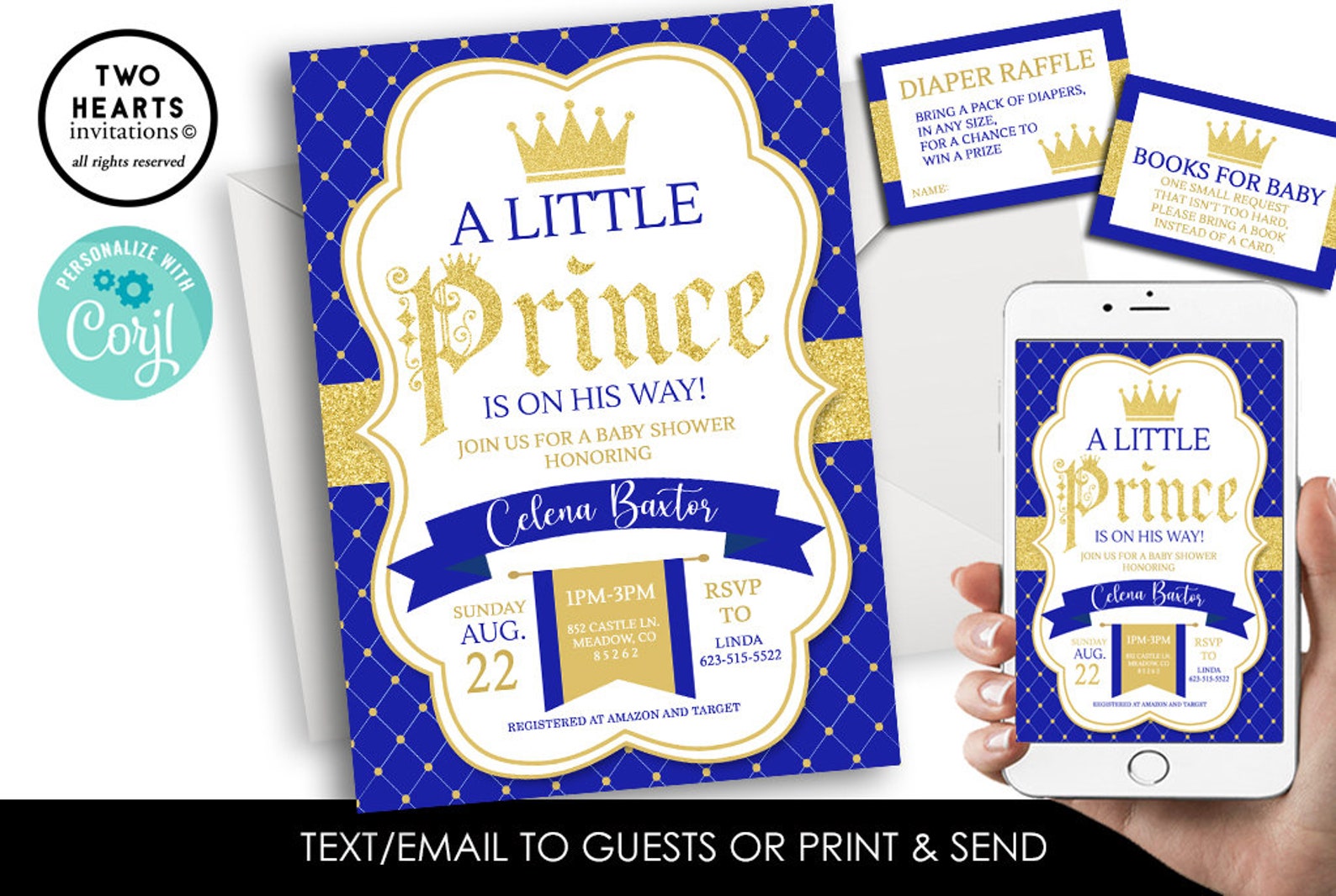 Editable Prince Baby Shower Invitation Invite Digital Sprinkle Gold ...