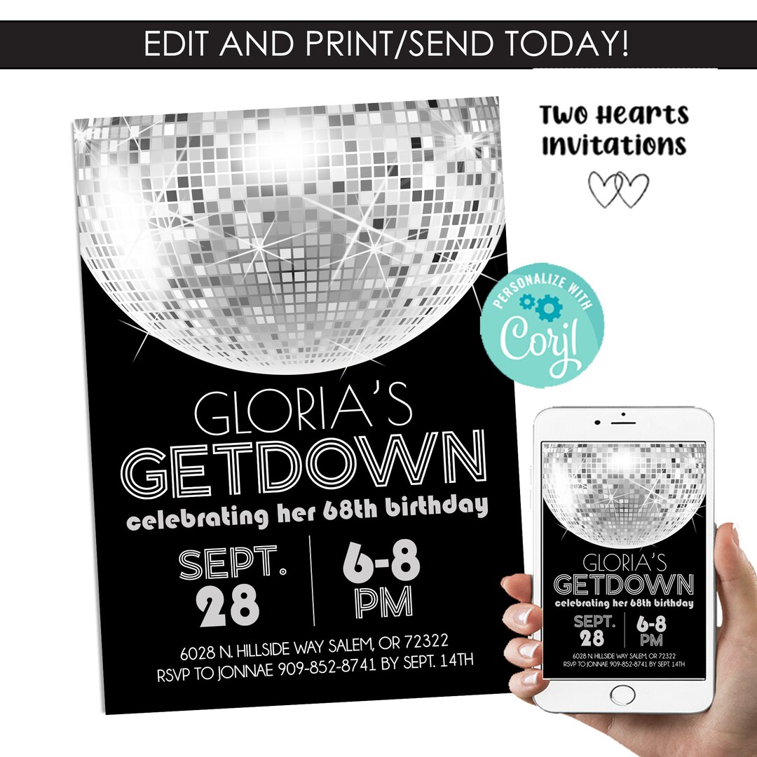 Editable Disco Birthday Invite Retro Silver Groove Boogie 70's Party ...