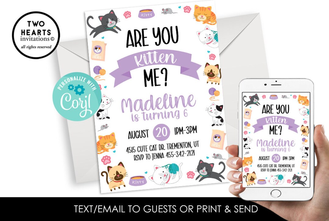 Editable Cat Birthday Invite Invitation Digital 5x7 Purple Girls Kitten ...