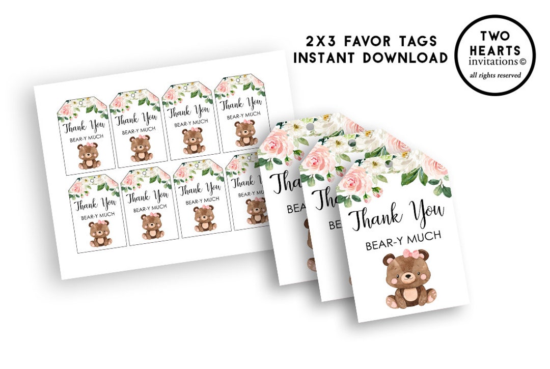 Beary Sweet Favor Tags Thank You Digital Watercolor Floral Teddy Bear ...