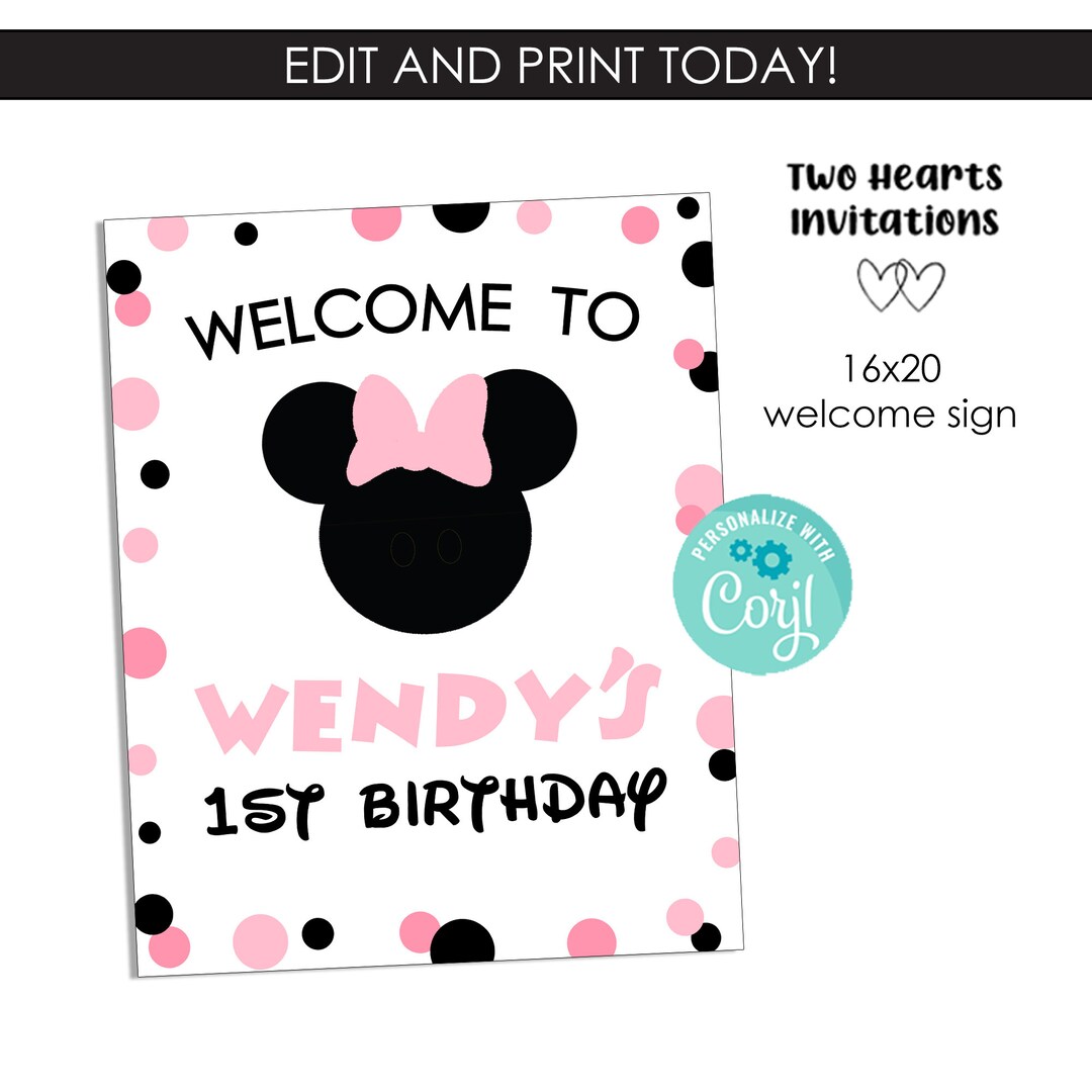 Editable Minnie Welcome Sign 16x20 Template Mouse One 1st Birthday ...