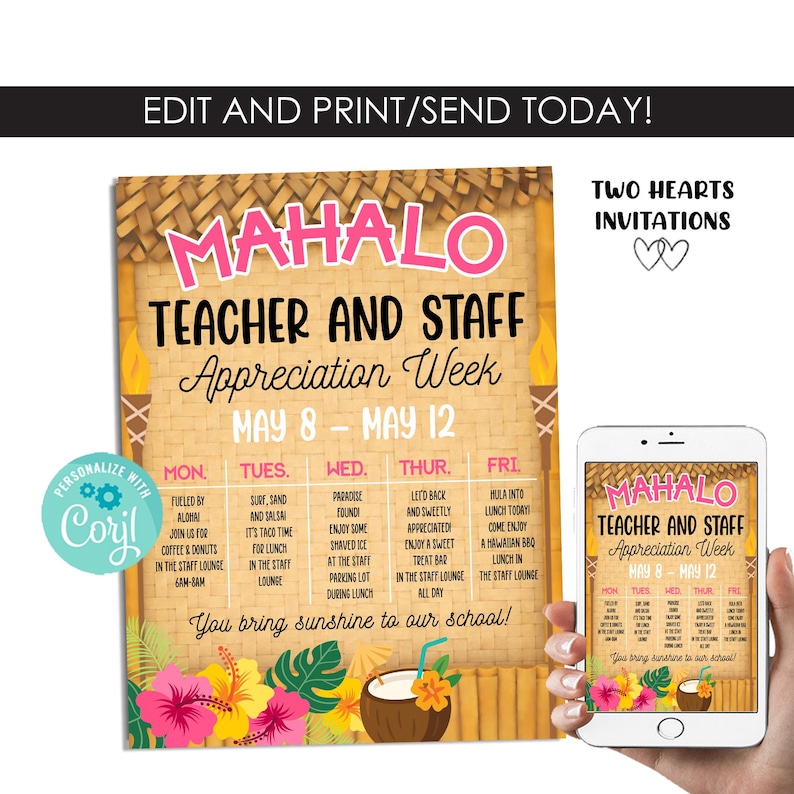 Hawaiian Luau Teacher Appreciation Week Flyer EDITABLE Digital 8.5x11 ...