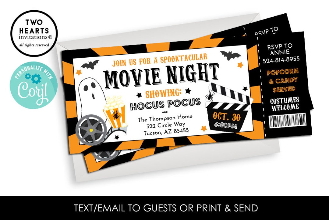 Editable Halloween Movie Night Ticket Invitation Digital 7x3 Party ...