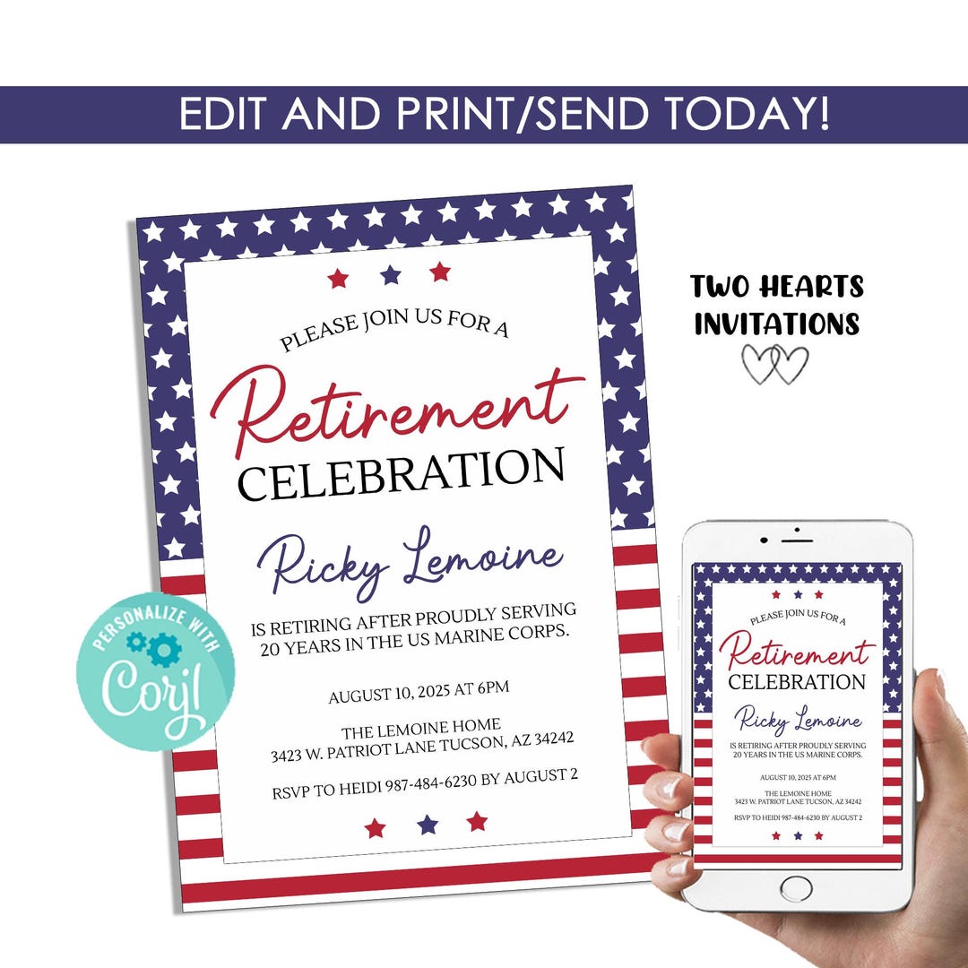 Editable Patriotic Retirement Invitation Invite Digital 5x7 Template ...