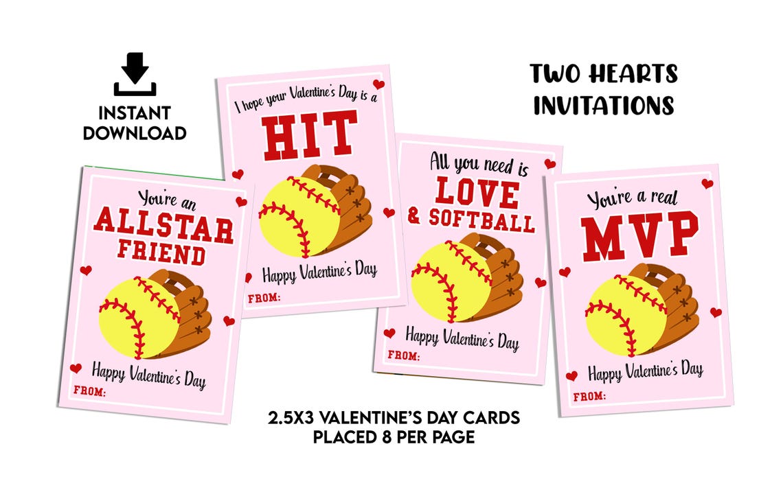 Softball Valentine's Day Cards Printable Digital Instant Download Kids ...