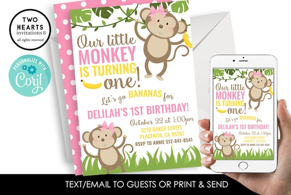 Editable Monkey Invite Girl Pink First 1st Invitation Digital - Etsy