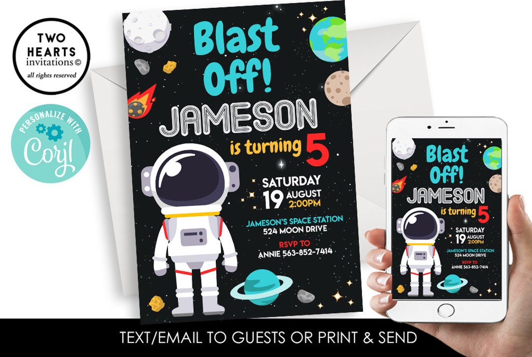 Editable Astronaut Birthday Invitation Invite Space Planets Party ...