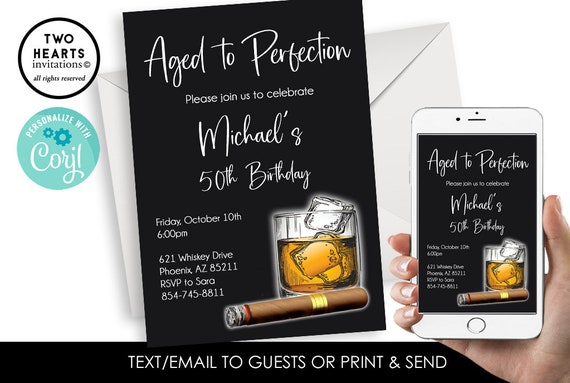 Editable Whiskey Birthday Invitation Cigar Party Bourbon Etsy