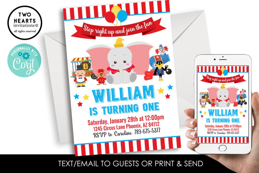 Editable Dumbo Invitation Circus Invite Elephant Inspired 1st First ...