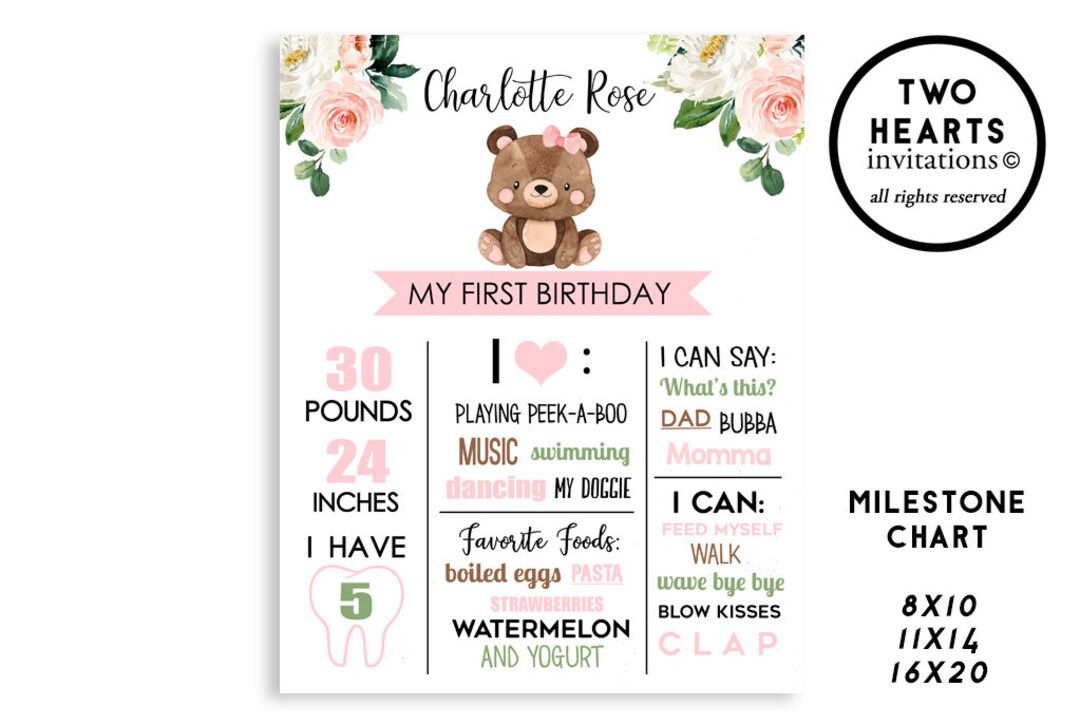 Teddy Bear Milestone Chart Digital Stats Poster First 1st Birthday ...