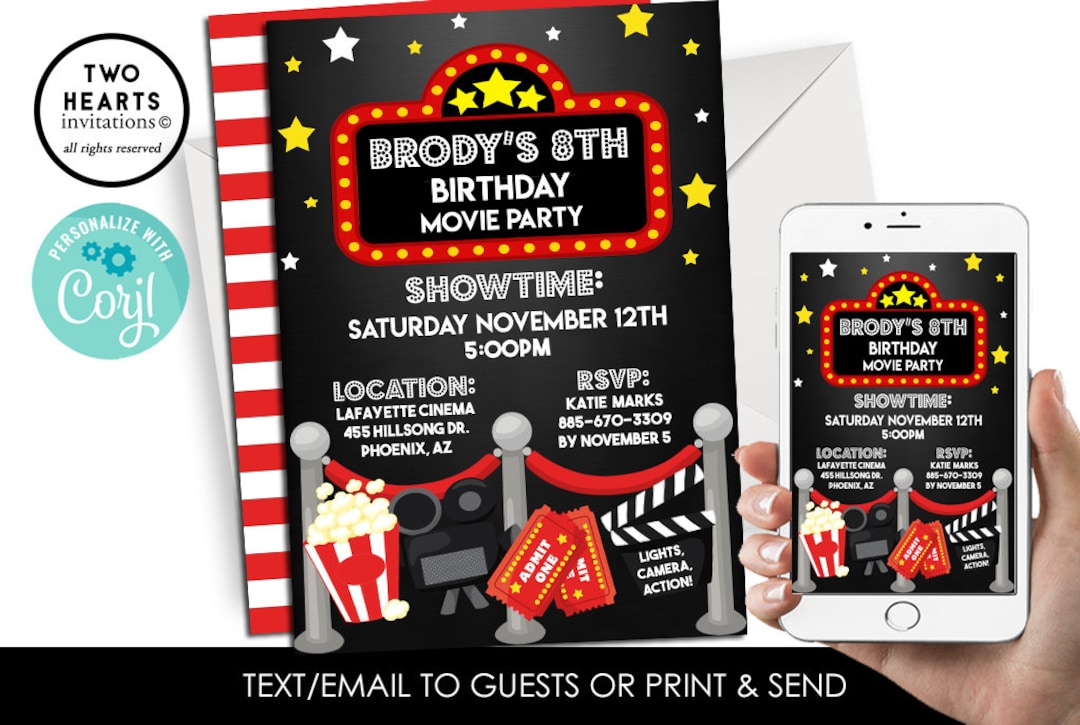 Editable Movie Theater Birthday Invitation Invite Night 5x7 Backyard ...