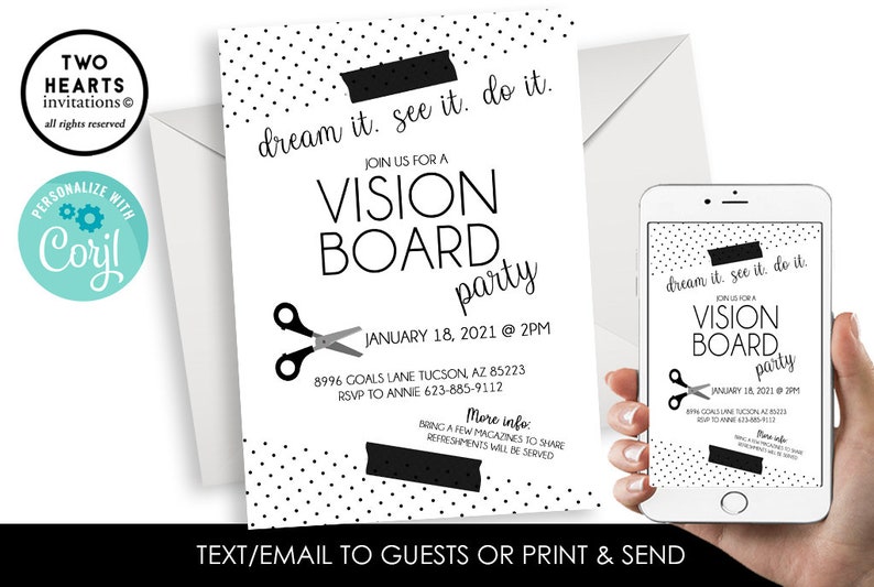 Editable Vision Board Party Invitation Invite Digital 5x7 Goals Dreams ...
