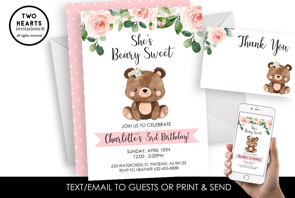 Teddy Bear Birthday Invitation Invite Digital 5x7 Watercolor Floral ...