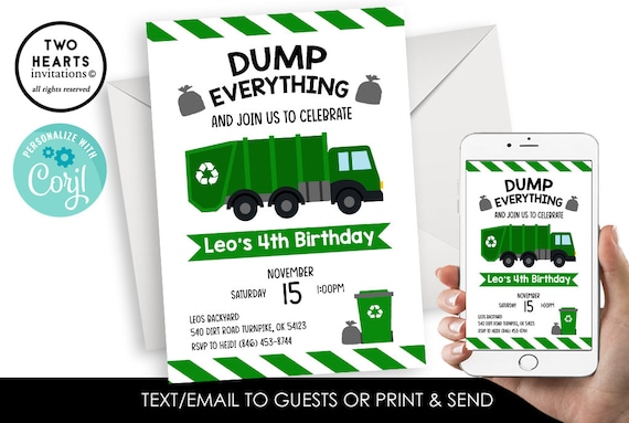 Editable Garbage Truck Invite Invitation Trash Truck Dump - Etsy