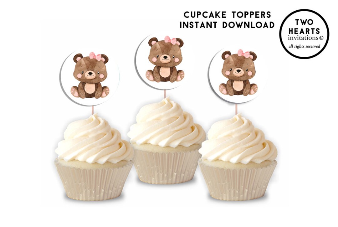 Beary Sweet Cupcake Toppers Digital 2 Inch Diameter Watercolor Floral ...