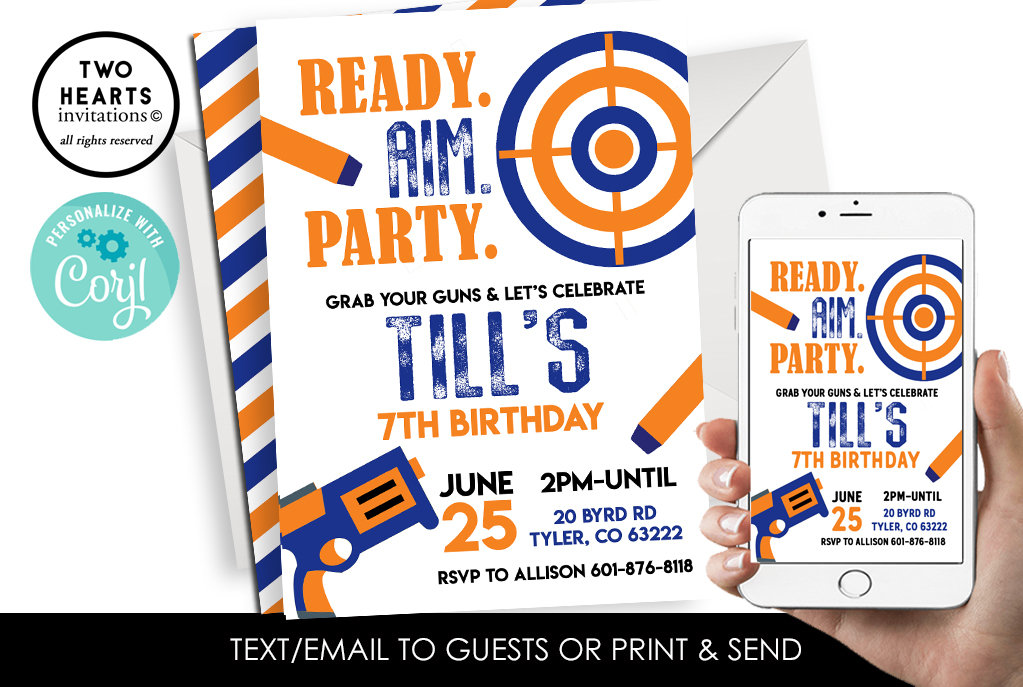 Editable Dart Gun Birthday Invitation, Darts Invitation, Dart Guns ...