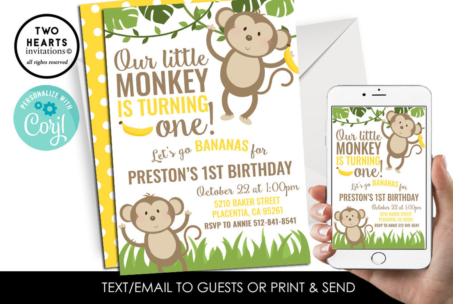 Editable Monkey Invite First Invitation Birthday ANY AGE Digital Little ...