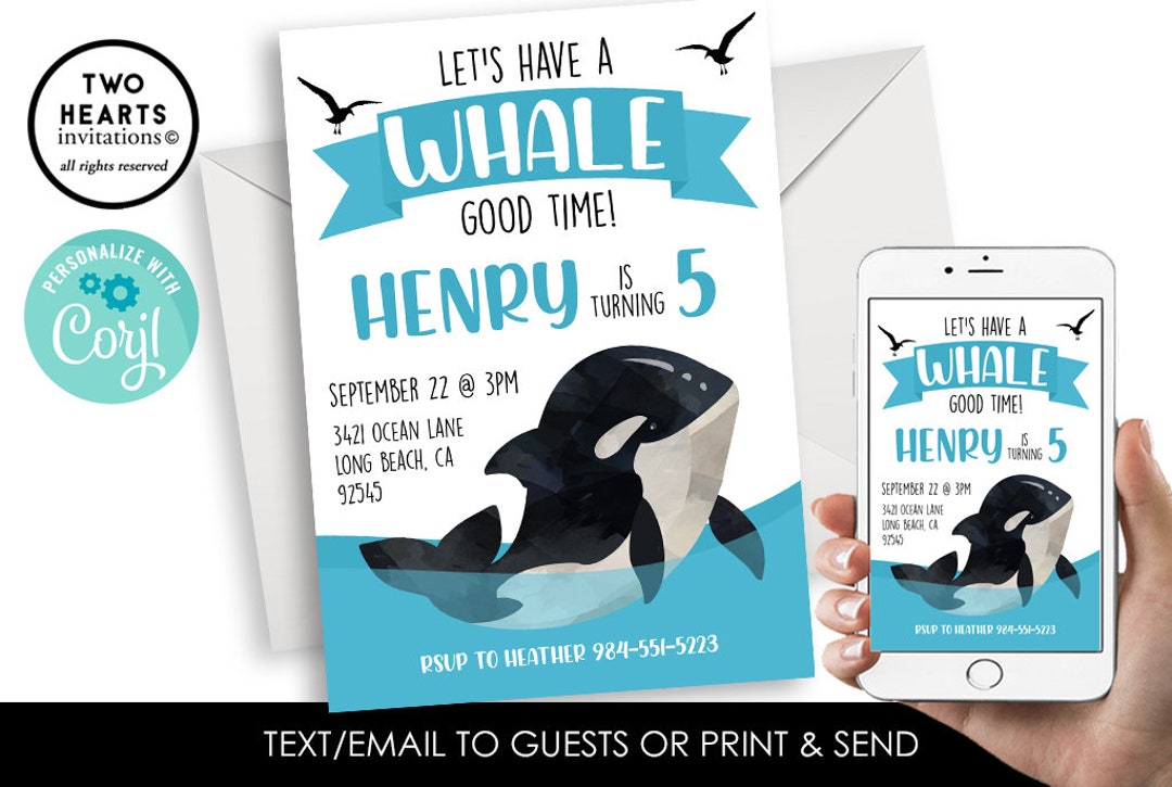Editable Orca Whale Birthday Invite Invitation Digital 5x7 Corjl Kids ...