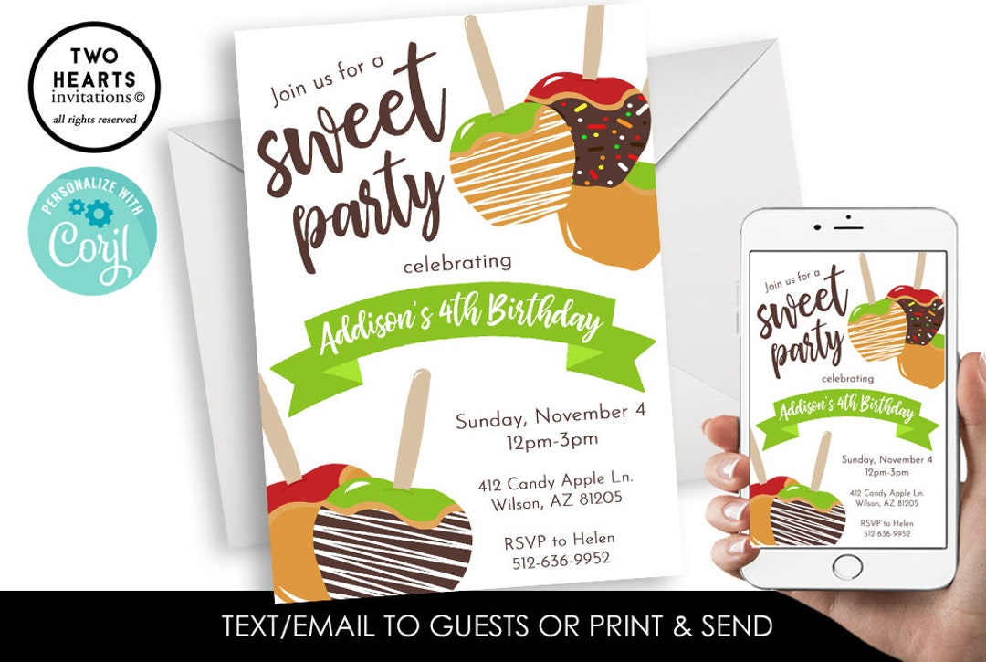 Editable Candy Apple Invitation Invite Fall Birthday Digital 5x7 Girl ...