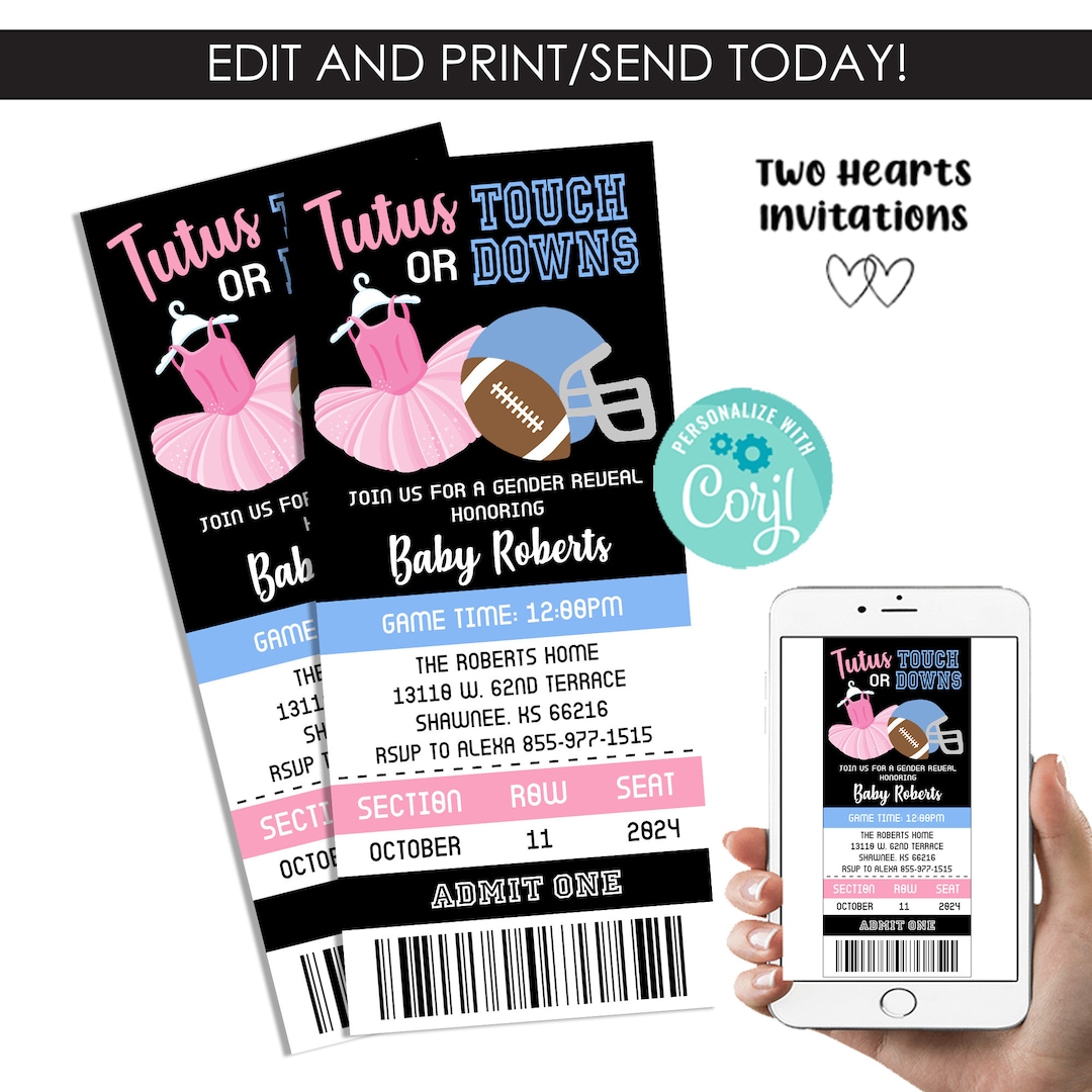 Editable Tutus Touchdown Gender Reveal Invitation Ticket Invite Digital ... Editable Tutus Touchdown Gender Reveal Invitation Ticket Invite Digital ...