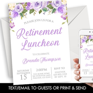 Editable Retirement Luncheon Invite Invitation Digital Purple Lavender ...