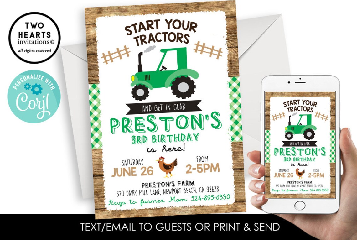 Editable Tractor Invitation Invite Farmer Green Digital 5x7 - Etsy