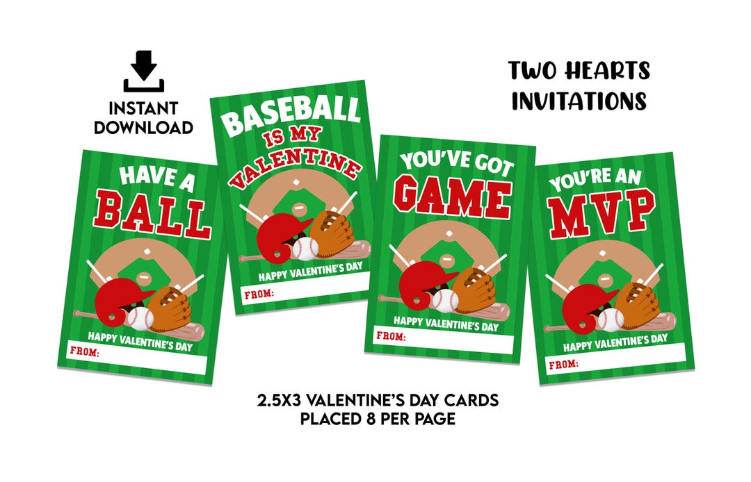 Baseball Valentine's Day Cards Printable Digital Instant Download ...