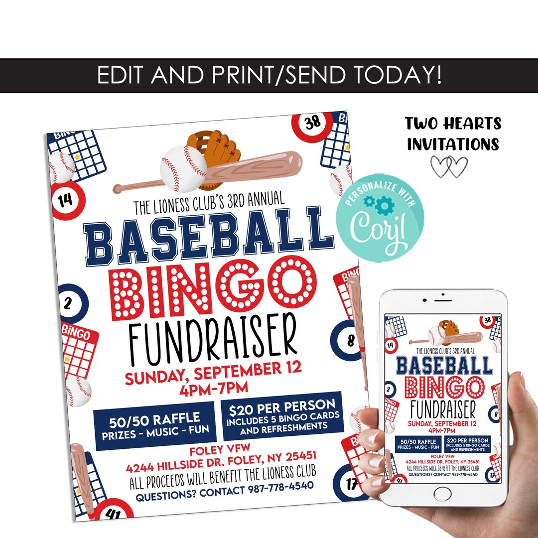 Editable Baseball Bingo Template Fundraiser Invitation Flyer 8.5x11 ...