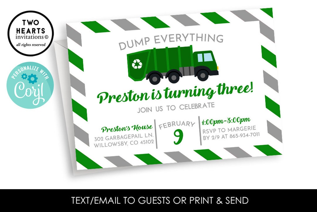 Editable Garbage Truck Invitation Invite 5x7 Green Trash Truck Recycle ...
