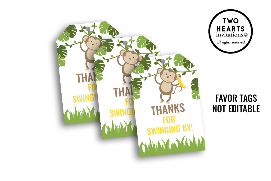 Monkey Favor Tags Birthday Party Thank You Digital Kids Swinging by 2x3 ...