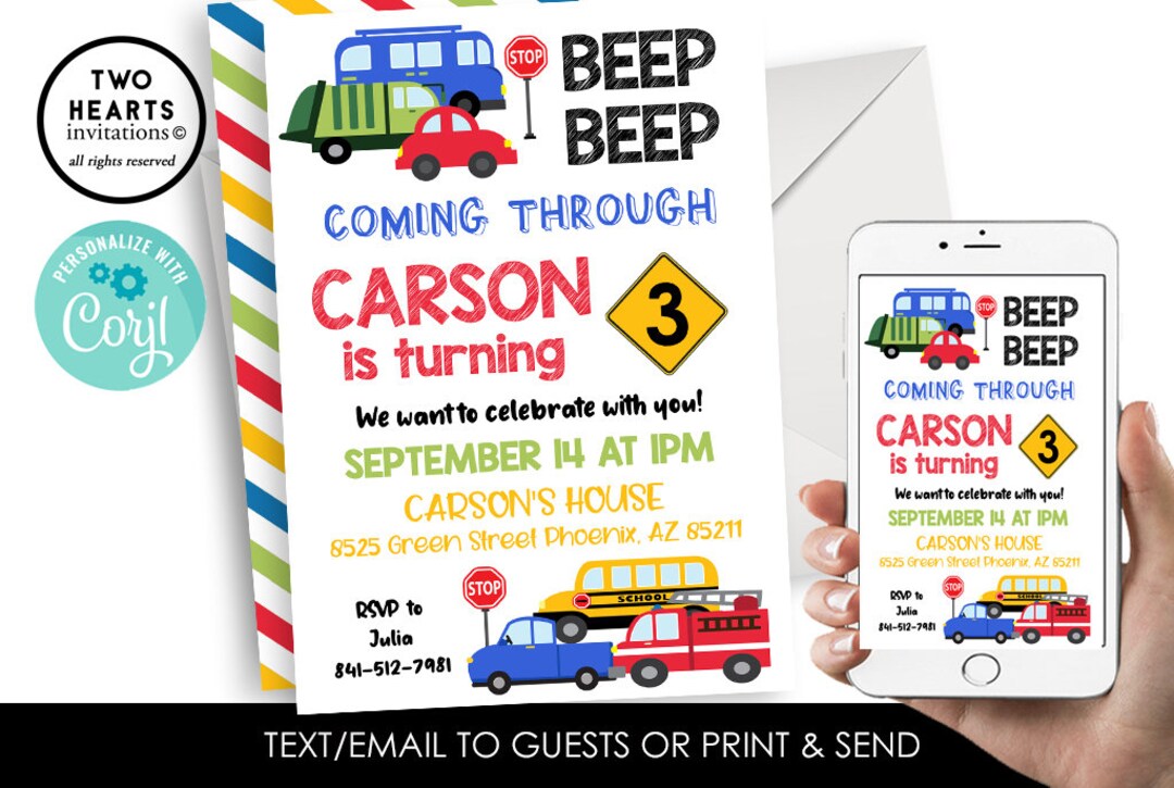 Editable Car Invitation Invite Trucks Automobile Digital 5x7 Birthday ...
