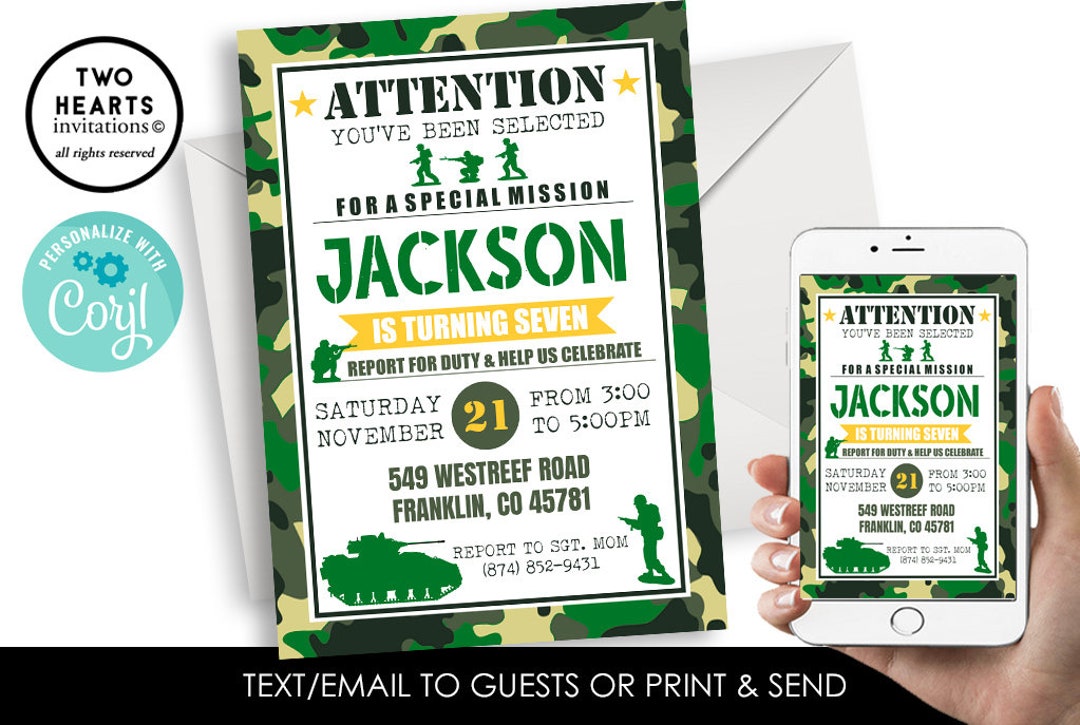 Editable Army Invitation Soldier Invite 5x7 Birthday Party - Etsy UK