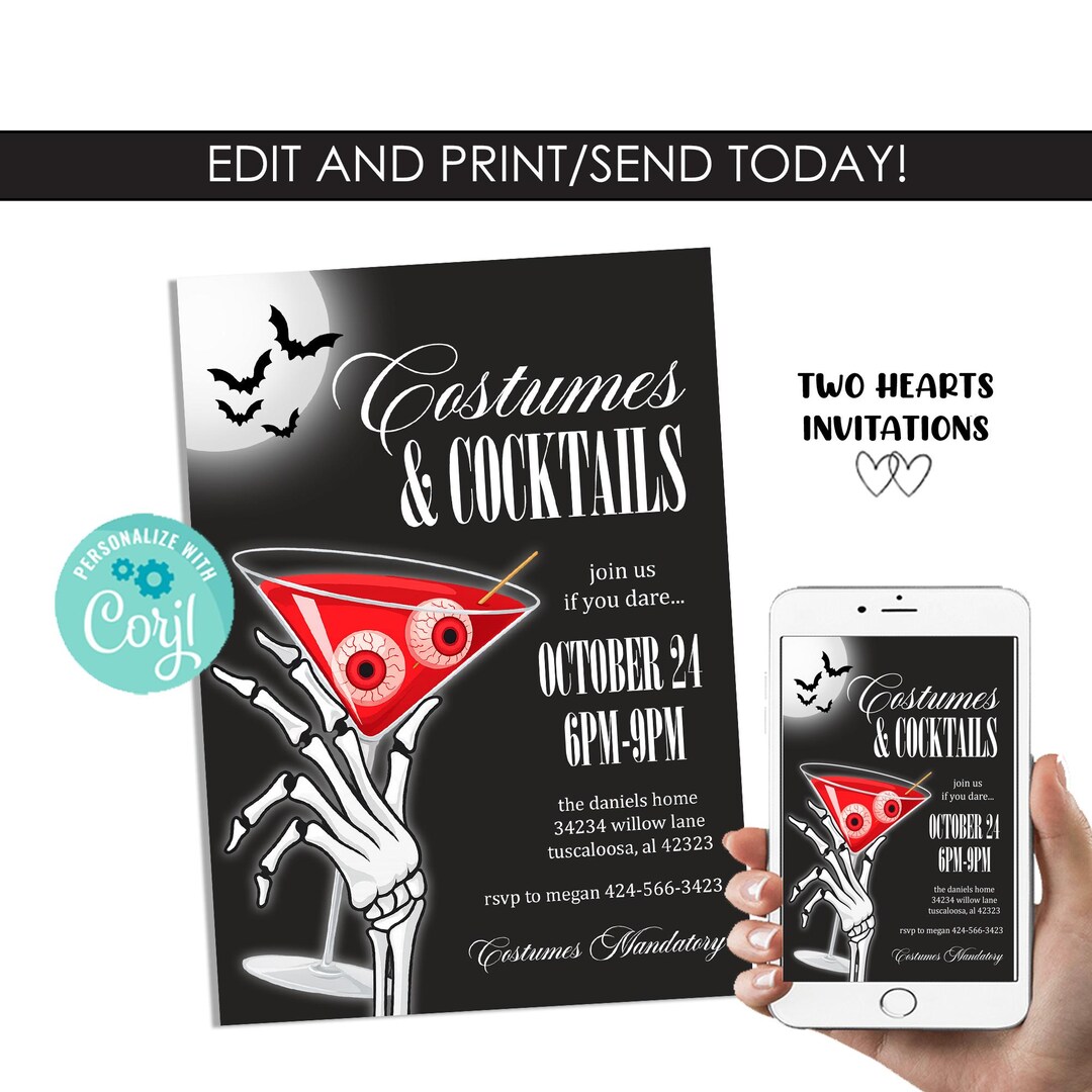 Editable Costume Cocktails Halloween Party Invite Invitation Digital ...