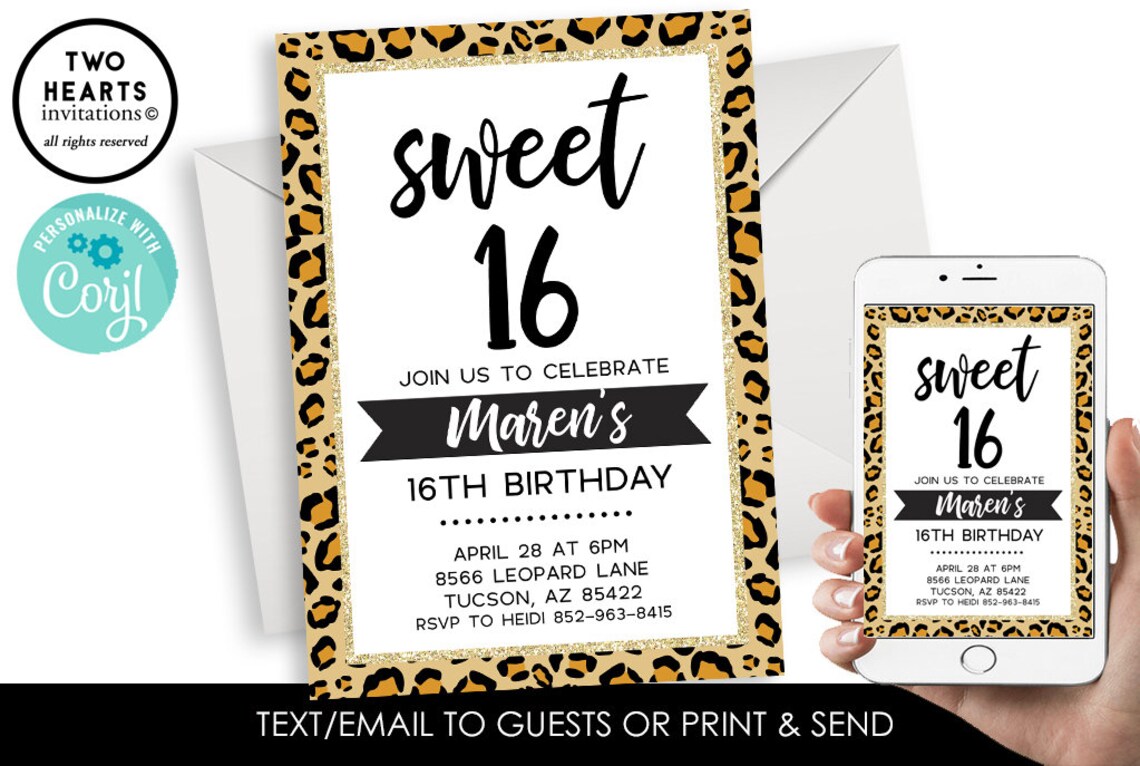 Editable Leopard Sweet 16 Invitation Invite Birthday Digital 5x7 Gold ...