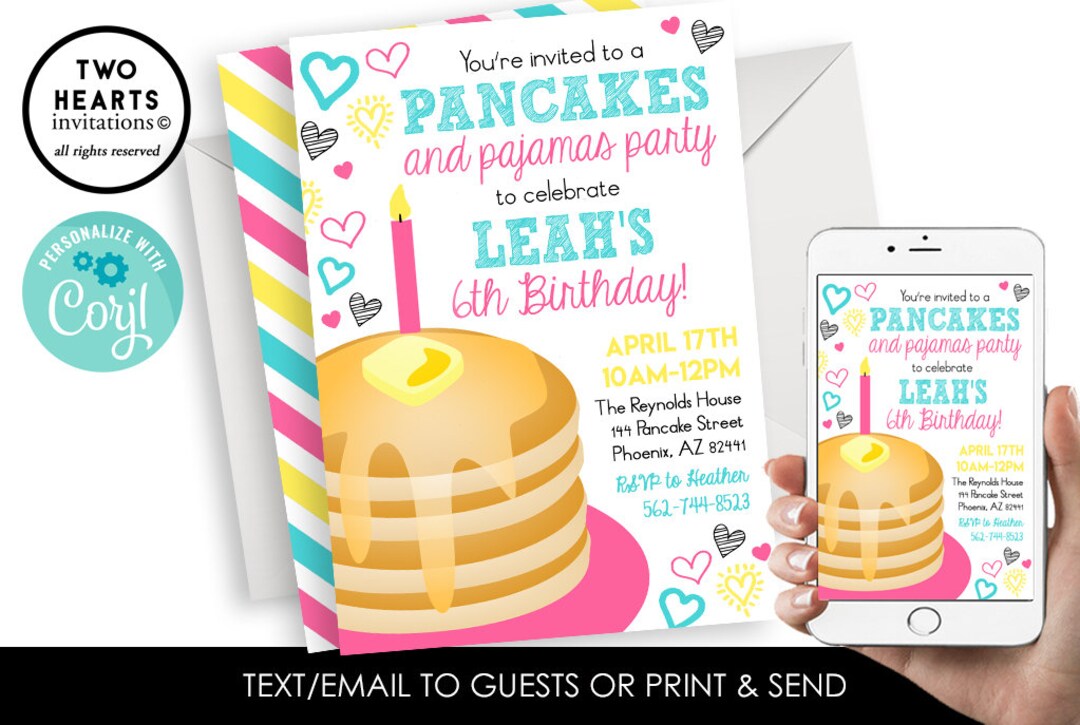 Editable Pancake Pajamas Invitation Invite Digital 5x7 Colorful Kids ...