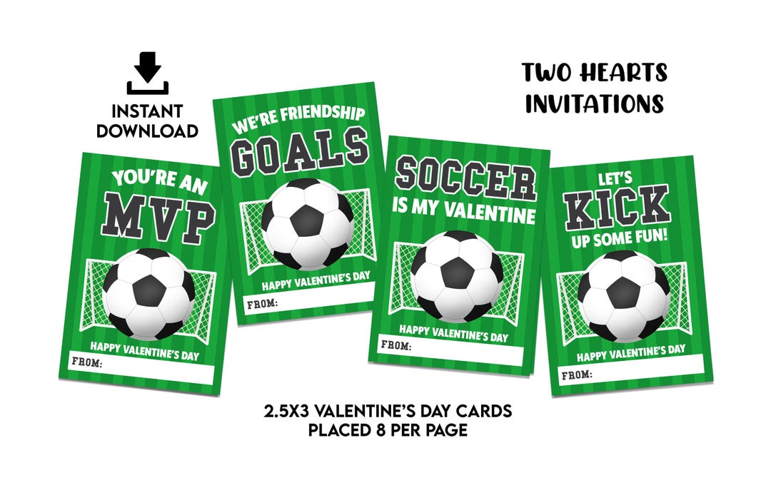 Soccer Valentine's Day Cards Printable Digital Instant Download Kids ...