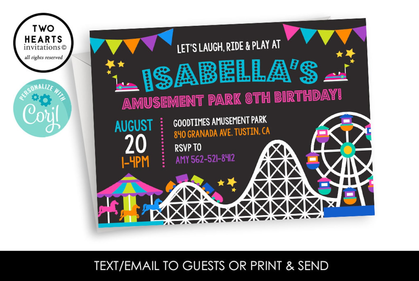 Editable Amusement Park Birthday Invitation Invite Digital 7x5 Carnival ...