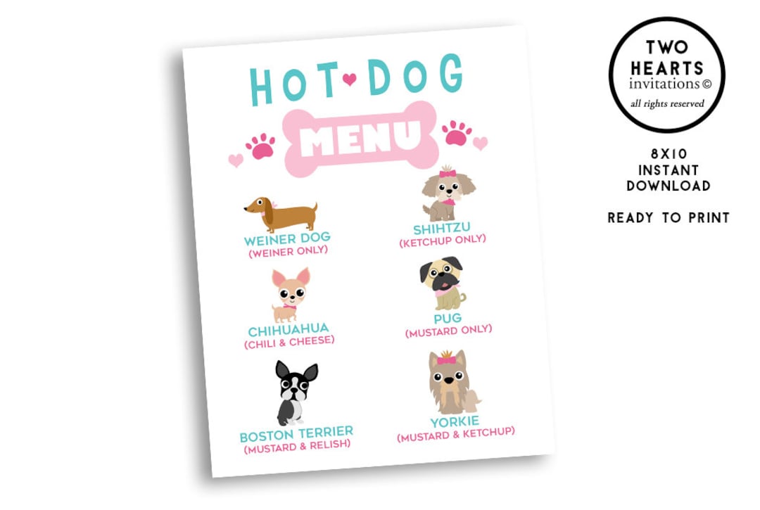 Puppy Birthday Party Hot Dog Menu 8x10 Printable Instant Download Doggy ...
