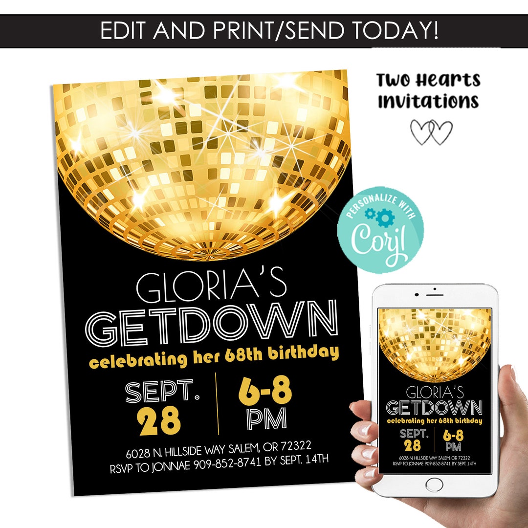Editable Disco Gold Birthday Invitation Getdown 70's Retro Gold Invite ...