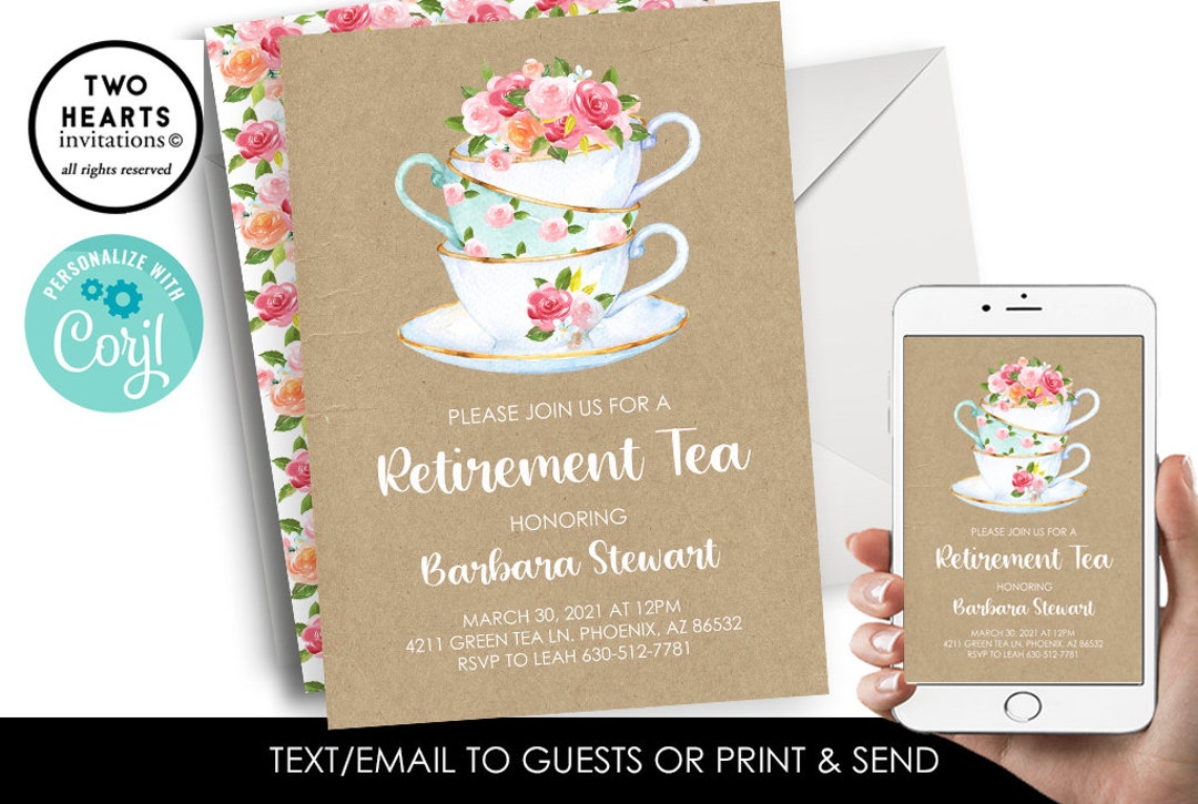 Editable Retirement Tea Invitation Invite Digital Watercolor Floral ...