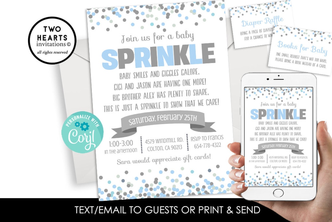 Editable Baby Boy Sprinkle Invitation Invite 5x7 Bundle Blue Gray Grey ...