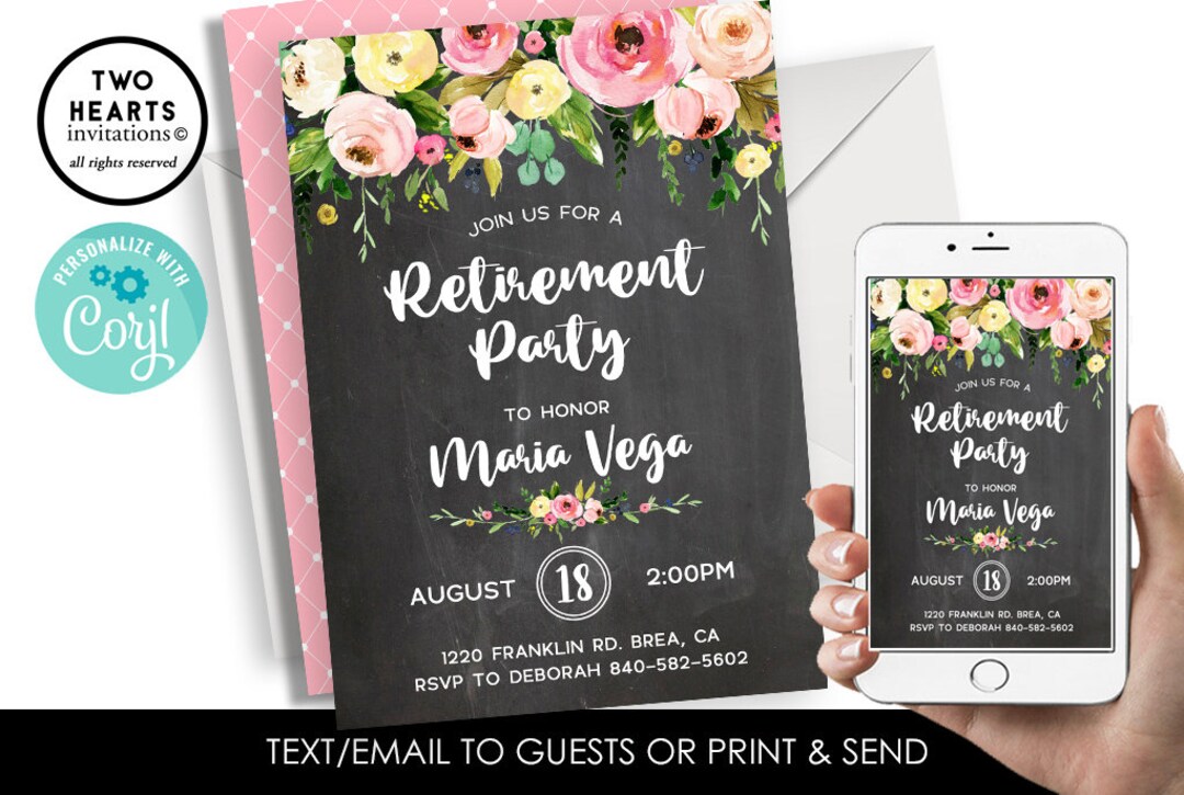 Editable Retirement Party Invitation Invite Chalkboard Floral ...