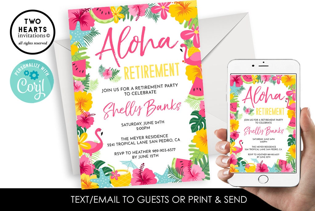 Editable Aloha Retirement Invitation Invite Party Luau Digital 5x7 ...